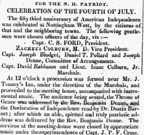 Celebration of the Fourth of July 1829 « Remember Hudson NH When...